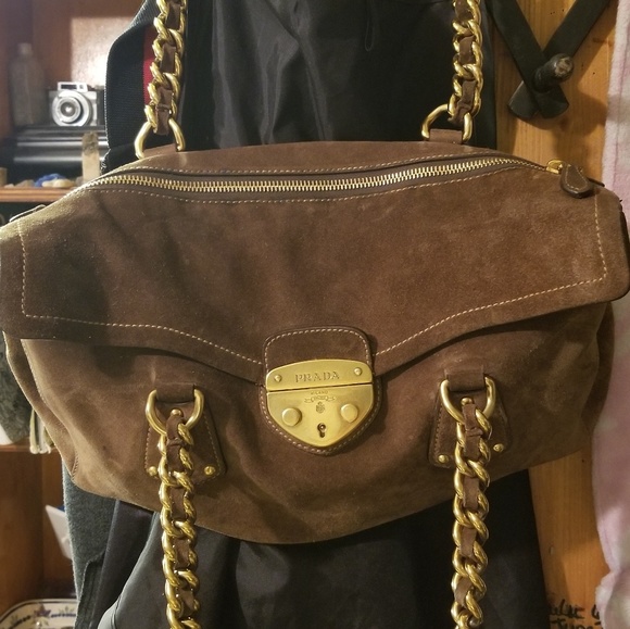 Prada | Bags | Prada Brown Suede And Gold Hand Bag | Poshmark